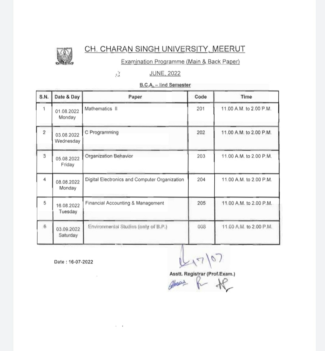 BCA Datesheet Accurate Business School Greater Noida
