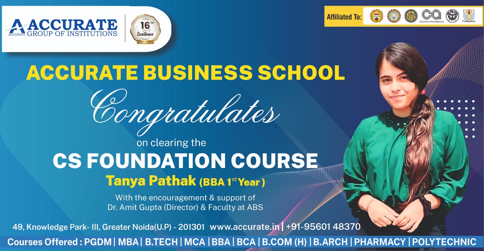 Accurate Business School Congratulates Tanya Pathak from BBA 1st Year ...