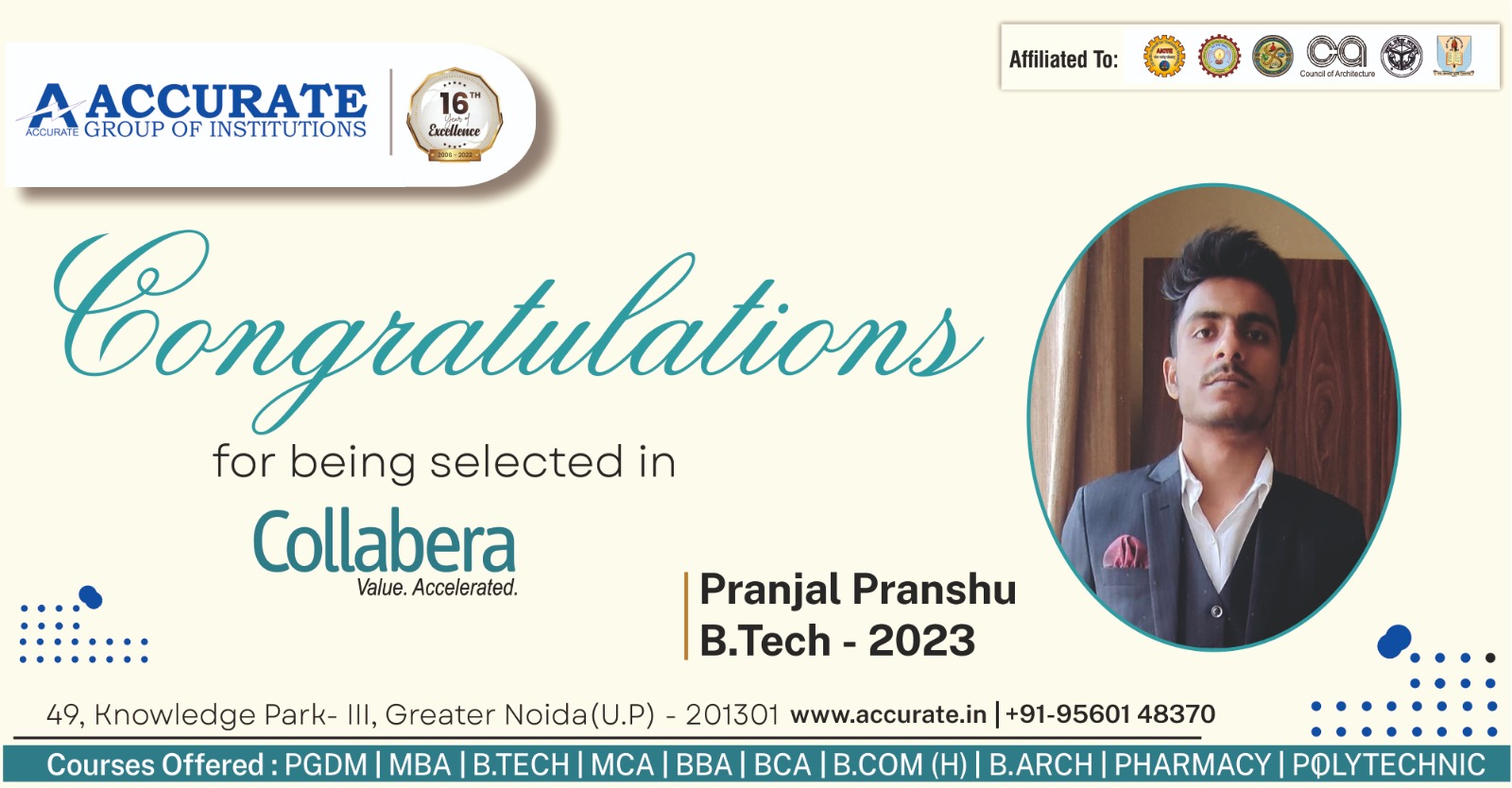 Recent Placement for B.tech Student selected by Collabera.